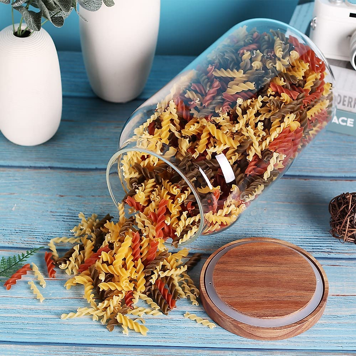 LEAVES AND TREES Y Large Glass Jar with Lid, 1 Gallon Large glass Storage Containers with Wooden Lid for Laundry Room, Big Glass Canisters with Airtight Lid Suit for Rice Container Jar, Cookie Jar