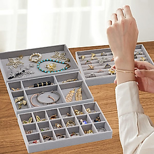 Ptaedex Stackable Velvet Jewelry Trays Organizer for Drawers, Small Jewelry Drawer Organizer Display Tray for Earring Ring Watch Bangle Bracelet Necklace, Set of 4, Gray