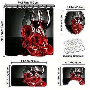 4 Piece Shower Curtain Sets with Non-Slip Rugs,Toilet Lid Cover and Bath Mat,Rose Romantic Flowers and Wine for Lover Shower Curtains and Rugs Set and Accessories - Bathroom Decor,71" L