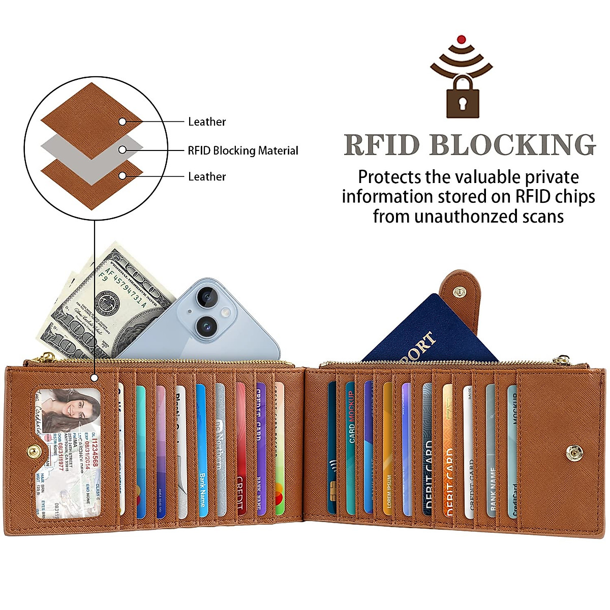 Coco Rossi Womens RFID Blocking Glitter Leather Multi Card Organizer Bifold Black Wallet with Zipper Pocket,Leopard