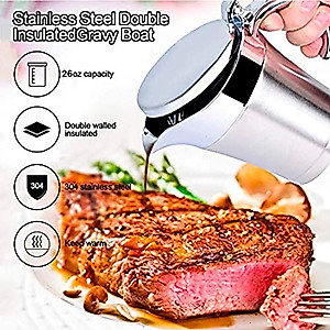 IAXSEE Gravy Boat 26oz Extra Large Double Insulated 304 Stainless Steel, Gravy Warmer, Double Wall Creamer Pitcher and Caramel Sauce for Coffee, Stainless Steel Pitcher