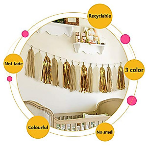MerryNine Tissue Tassels Garlands, 30PCS Tassels, 14 Inch Long Tassels, for Wedding, Baby Shower, Event & Party Supplies Decoration (Tan/Ivory/Gold Set)