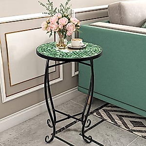 GRAFFY Outdoor Mosaic Side Table, 14 Inch Patio End Table, Round Printed Glass Table with Steel Frame for Garden/Yard/Lawn/Balcony and Home Decor Small End Table (Green)