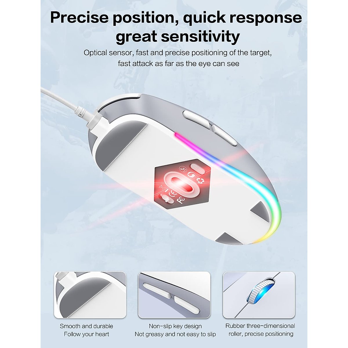 PHNIXGAM Cat Paw RGB Gaming Mouse, Silent Optical Computer Mice USB Wired with 6 Adjustable DPI Up to 7200, RGB Lighting, 6 Programmable Buttons for Windows/Vista/Linux (White)