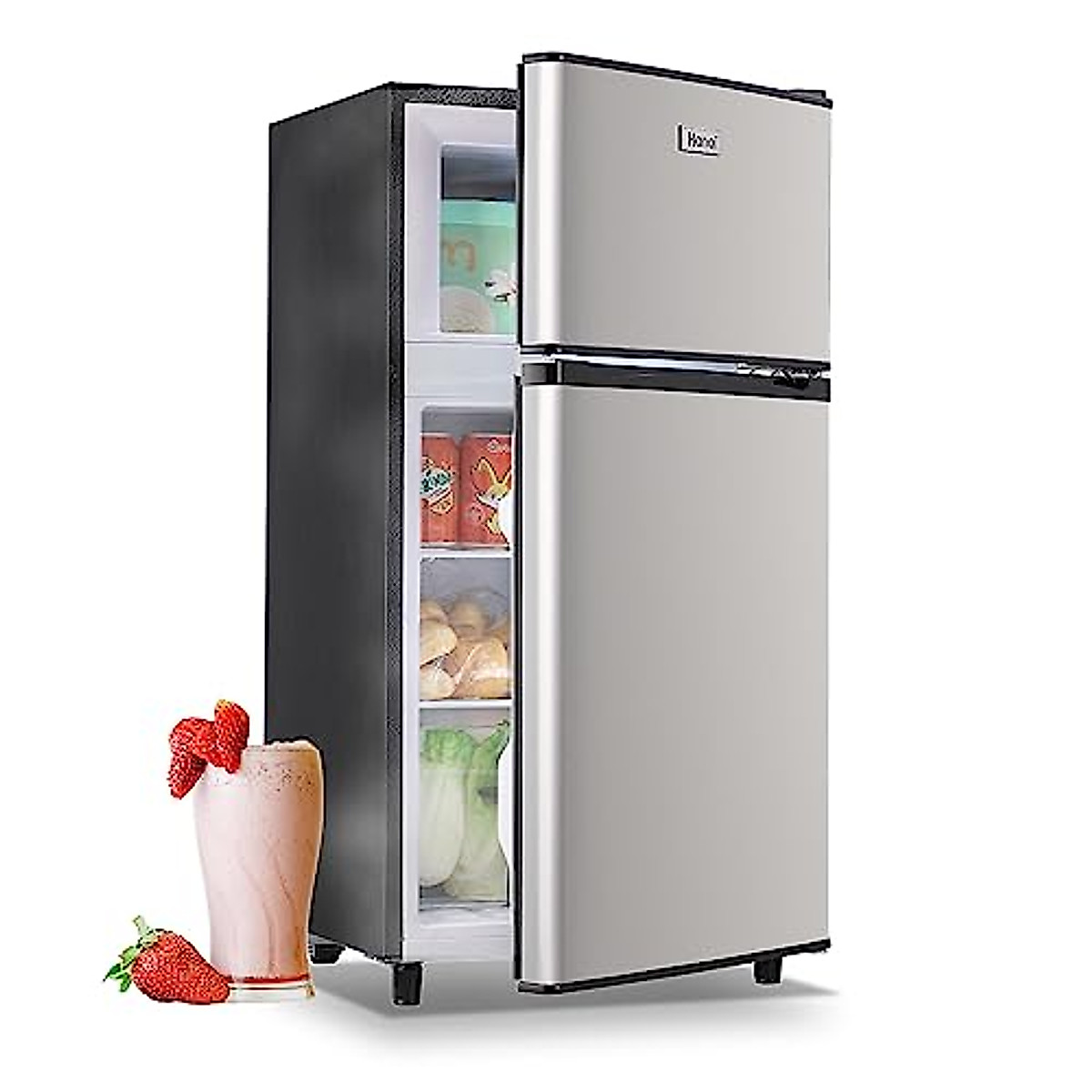 WANAI Mini Fridge with Freezer 3.5 Cu.Ft Double Door Compact Refrigerator with Freezer-on-Top Small Freestanding Fridge with 7 Level Adjustable Thermostat Bedroom Dorm Office, Kitchen Apartment Silver