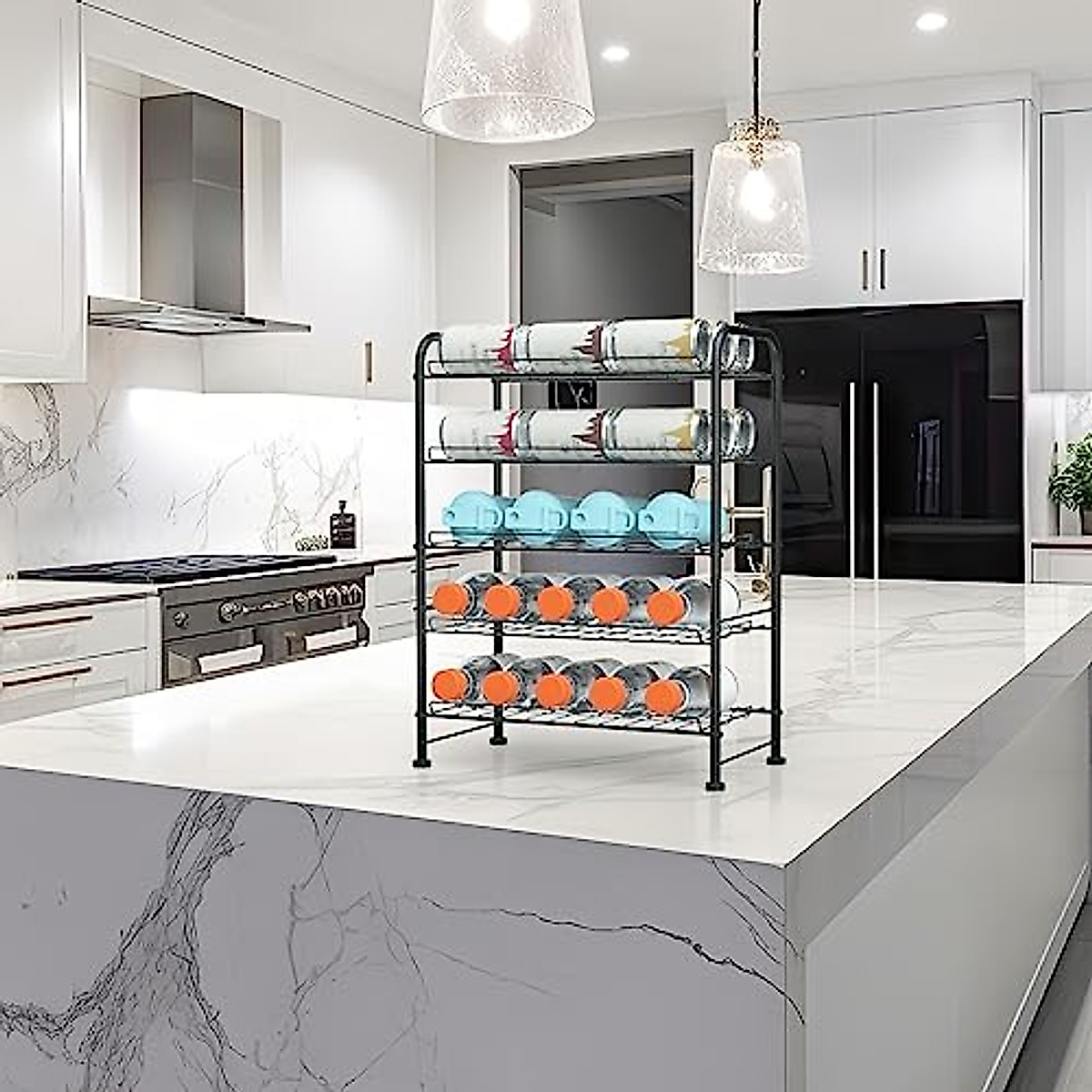 OYEAL Water Bottle Storage Rack 5 Tier Bottled Water Holder Organizer Freestanding Floor Beverage Soda Drink Stand Shelf for Kitchen Pantry Can Storage, Hold 30 Bottles, Black