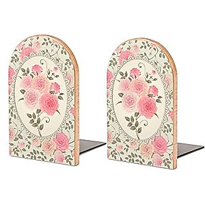 2 Pack Wood Bookends,Shabby Chic Roses Pattern Decorative Book Ends Support for Shelves Desktop Organizer Wooden Bookshelf for Home School Office