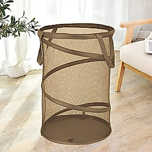 Qtopun Mesh Popup Laundry Hamper, Foldable Portable Cylindrical Dirty Clothes Basket for Bedroom, Kids Room, College Dormitory and Travel — Brown