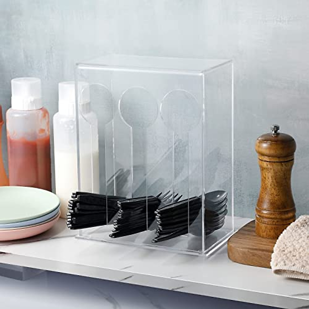 Acrylic Utensil Dispenser Clear Cutlery Organizer 3 Compartment Utensil Holder for Party Knife Spoon and Fork Holder Plastic Silverware Holder for Kitchen Countertop Flatware Restaurant Storage Caddy