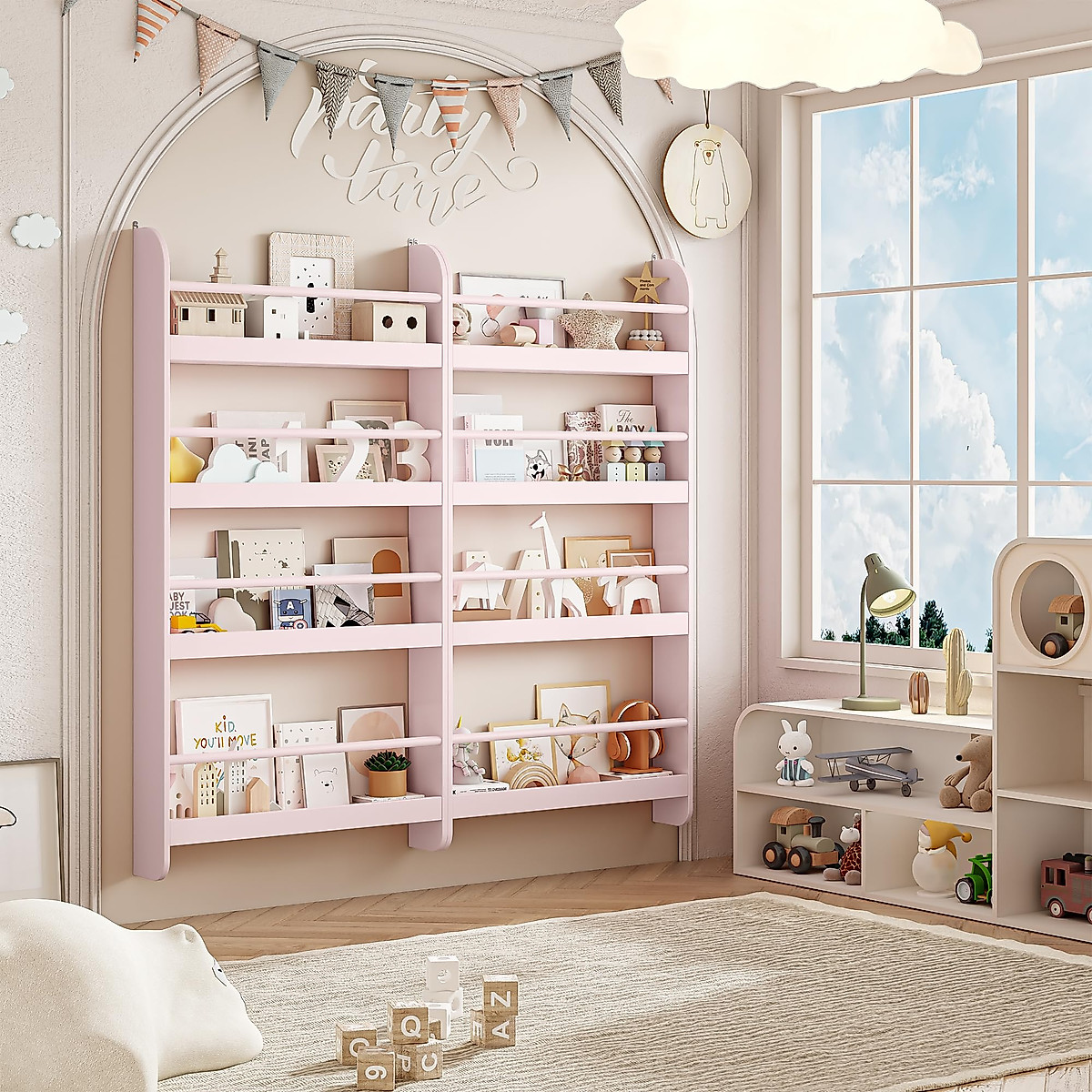 FOTOSOK Kids Bookshelf, Wall Mount 4-Tier Book Shelf Organizer for Toys and Books, Toy Storage Bookshelf in Bedroom, Living Room and Nursery, Pink