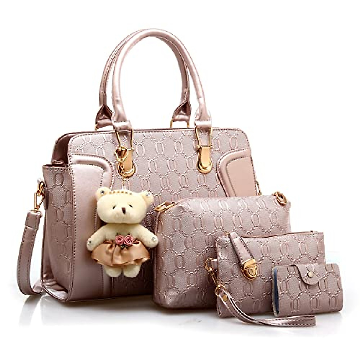 4Pcs Handbag Set for Women, PU Leather Tote Shoulder Bags Top Handle Satchel Bag Purse Clutch Card Holder with Bear Pendant (Pink)