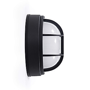 CORAMDEO Outdoor 8” Round LED Nautical Bulkhead Light, Flush Mount for Wall or Ceiling, Wet Location, 75W of Light, 900 Lumens, 3K, Black Cast Aluminum with Frosted Glass Lens