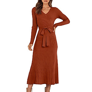 ANRABESS Women Long Sleeve V Neck A-line Tie Waist Slim Fit Ribbed Knit Bodycon Midi Sweater Dress 2025 Fall Trendy Outfits Rust Small
