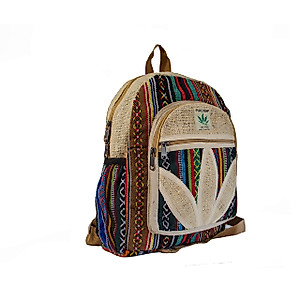 Himalayan Fashion Handmade Hemp Medium Backpack Bohemian Marijuana Style Travel Bag, Black, Beige