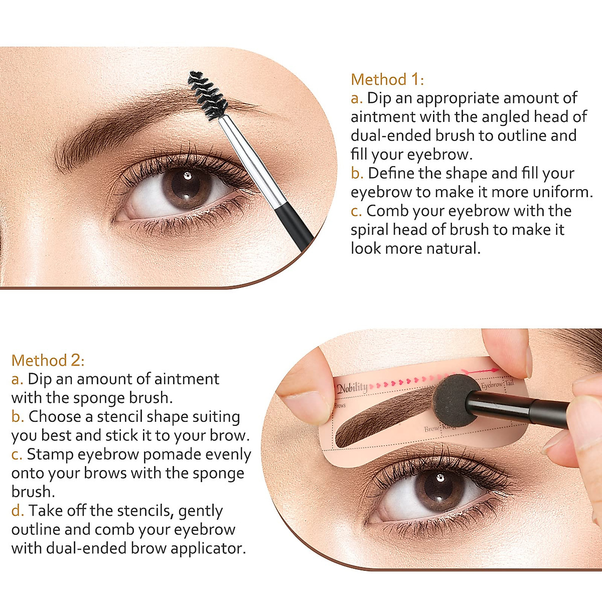 Eyebrow Stamp Stencil Kit for Perfect Bushy Eyebrows,20 Eyebrow Stencils,Brow Stamp Trio Kit with Sponge Applicator,Waterproof Eyebrow Pomade,Dual-ended Eyebrow Brush-Soft Brown