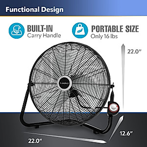 Lasko High Velocity Floor Fan with Wall mount Option, 3 Powerful Speeds, Pivoting Fan Head for Home, Garage, Attic, 20", Black, 2264QM
