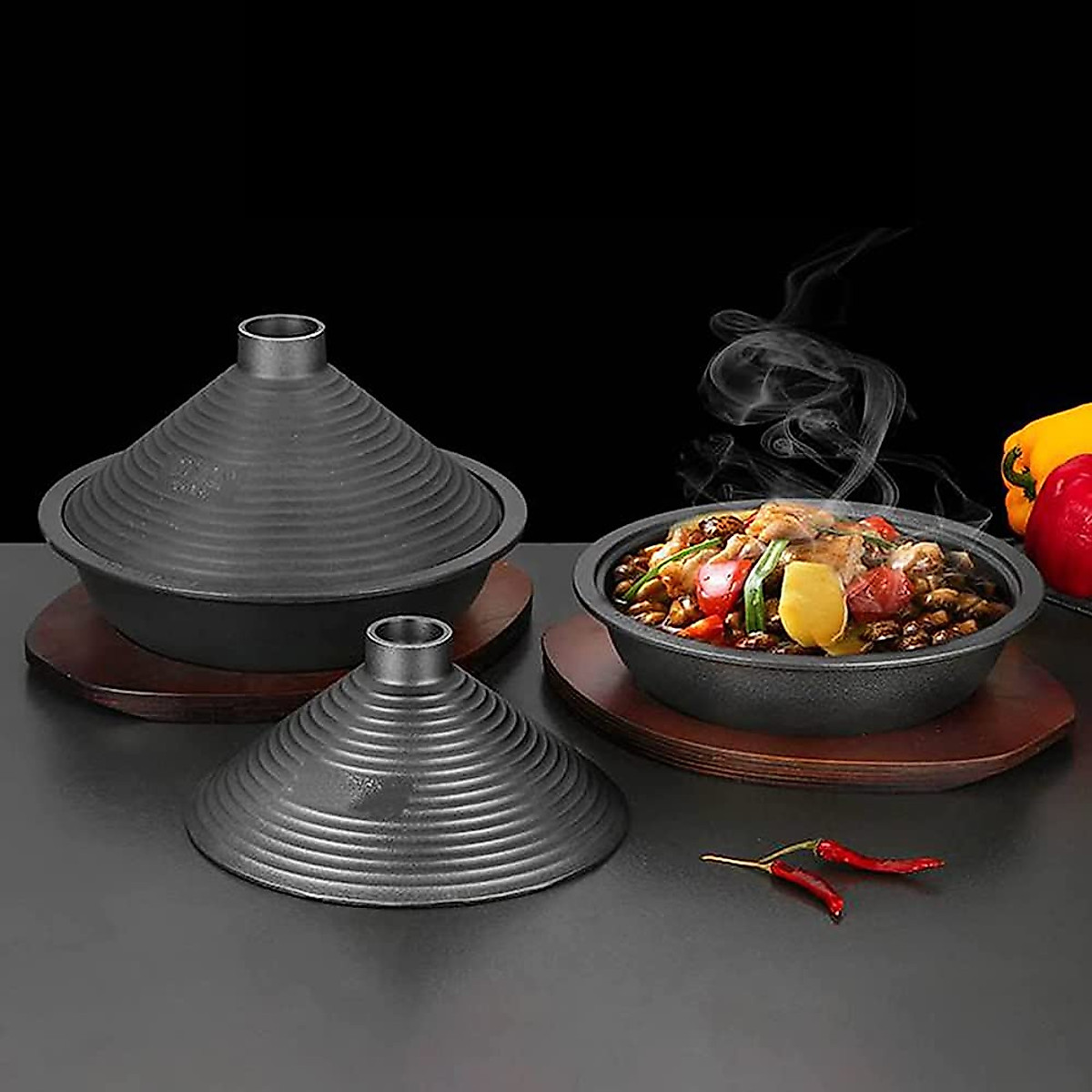 Hand Made Tagine Pot, Moroccan Tajine Ceramic Pots Cookware with Cone-Shaped Closed Lid and Wooden Board for Cooking and Stew Casserole Slow Cooker(28cm)