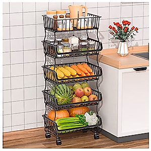 Fruit Vegetable Basket for Kitchen, 5 Tier Stackable Metal Wire Storage Basket Organizer Baskets with Rolling Wheels, Utility Rack for Kitchen, Pantry, Bathroom