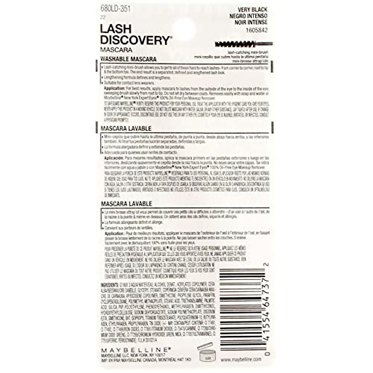 Maybelline New York Lash Discovery Washable Mascara, Very Black [351] 0.16 oz (Pack of 2)