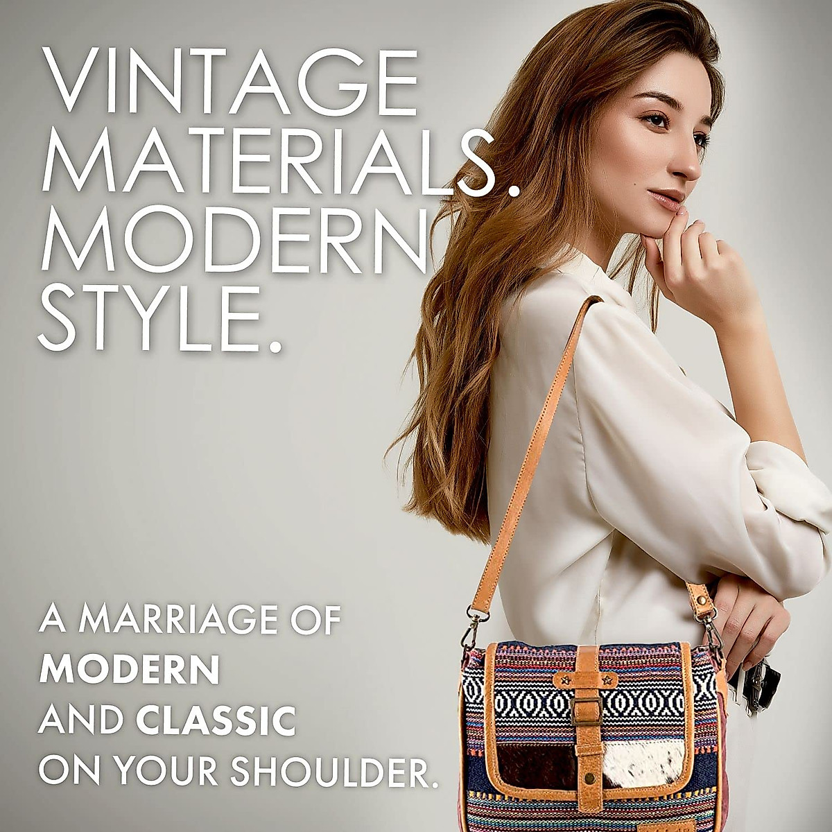 SIXTEASE Crossbody Bag for Women Vintage Style Genuine Leather, Upcycled Canvas, Rug, or Hair On - Cross Body Womens Bags with Inside Zipper Pockets - Paisley