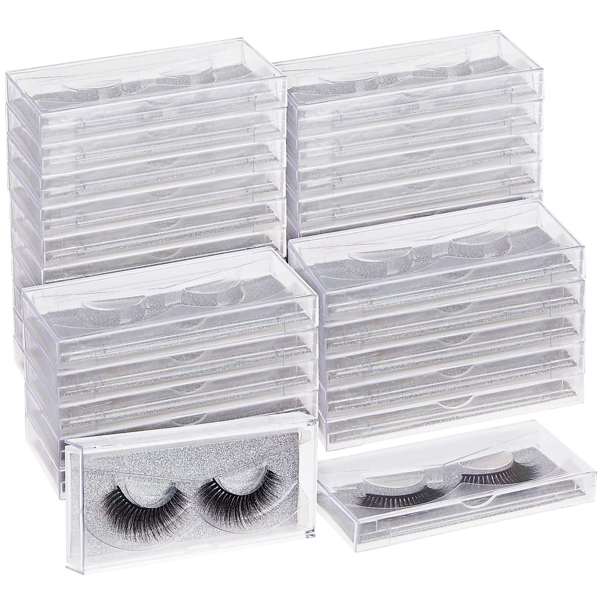 Stockroom Plus 30-Pack Transparent Empty Eyelash Boxes for False Eyelashes, Lash Cases Empty Bulk Wholesale with Glitter Paper Card for Makeup Artists, Women (4.4 x 2 Inches, 0.55" Width)