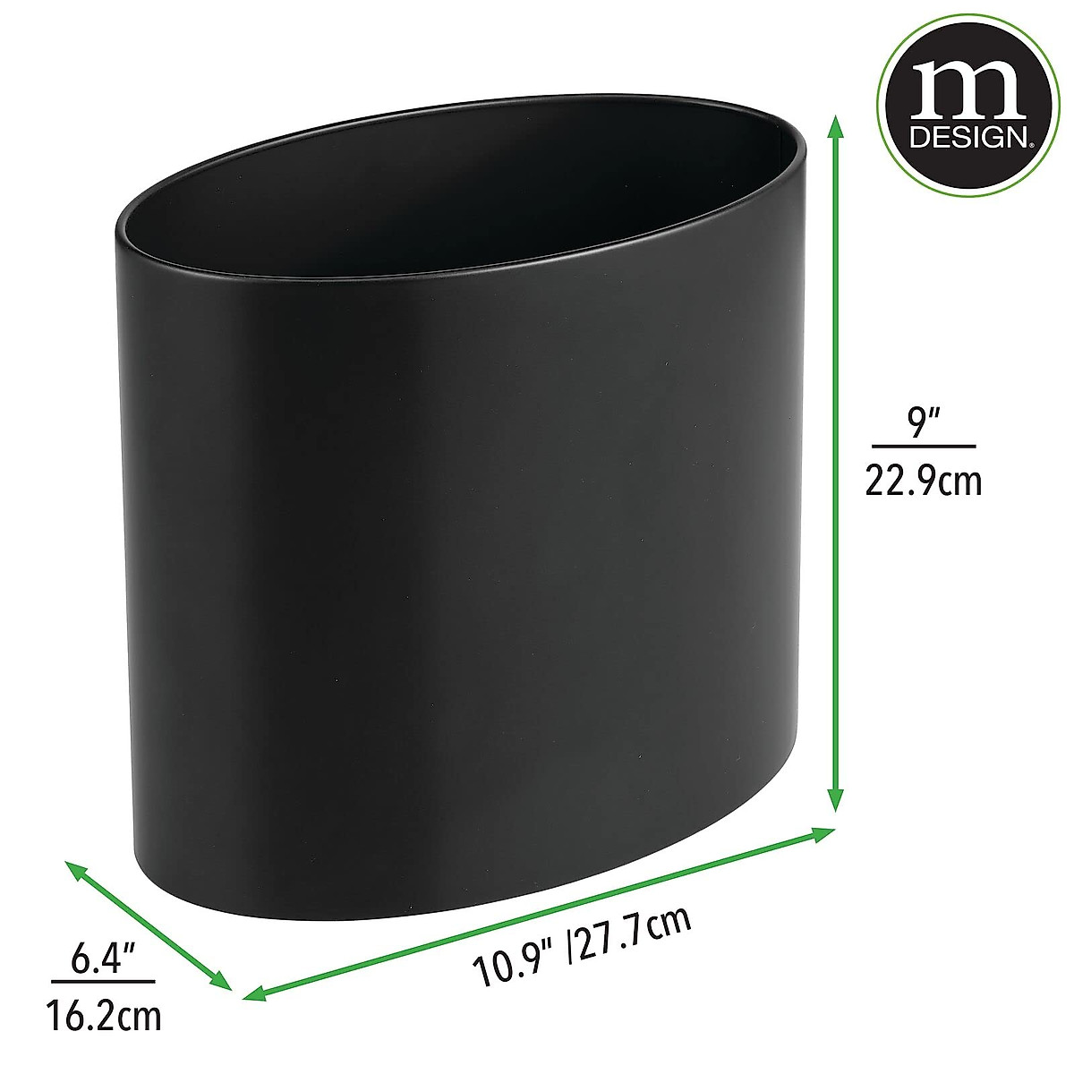 mDesign Stainless Steel Metal Oval Trash Can, 7.9 Liter/2.09 Gallon Wastebasket, Garbage Basket Bin for Bathroom, Bedroom, Kitchen, Home Office, Holds Waste and Recycle, Mirri Collection, Black