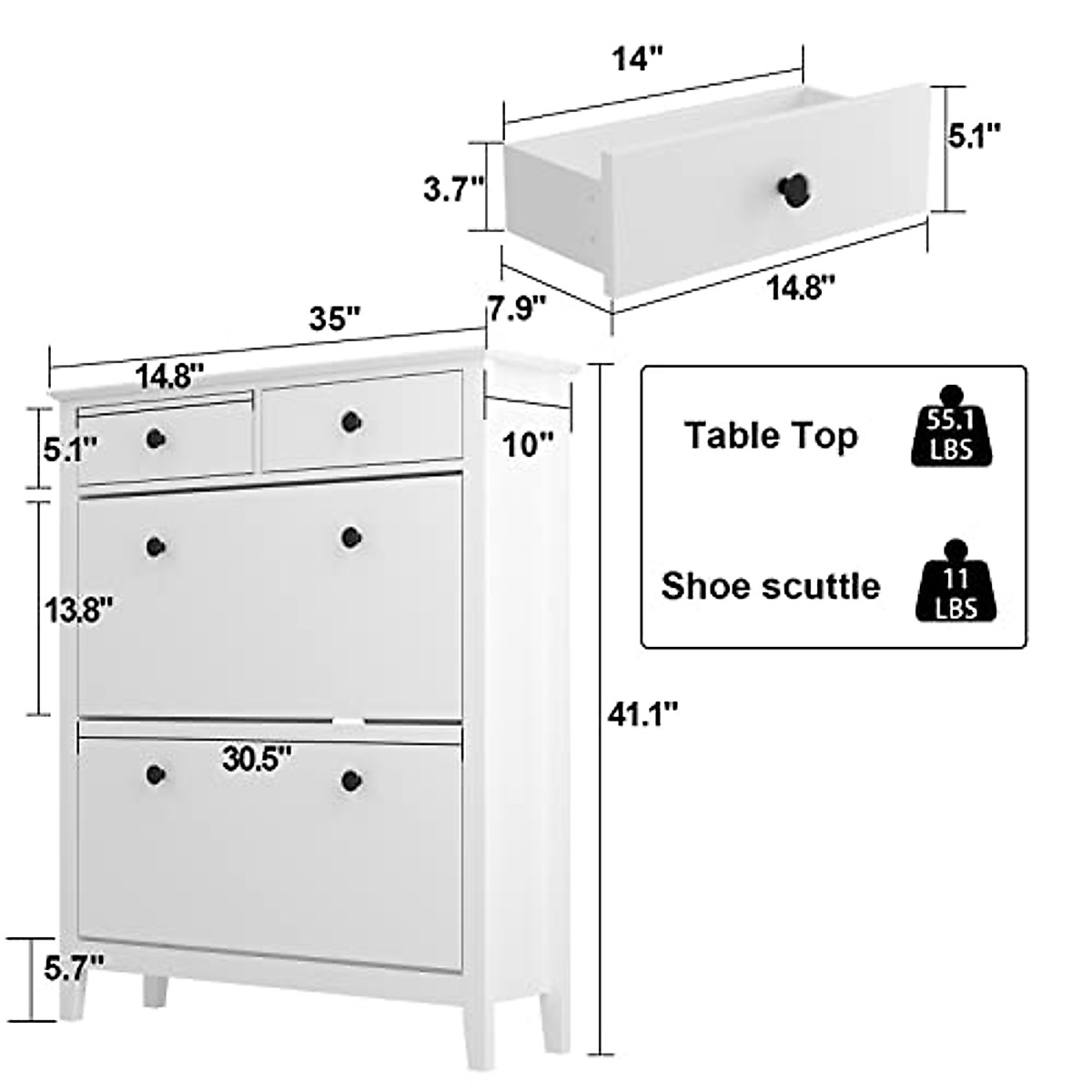 ECACAD Modern Shoe Storage Cabinet with 2 Flip Drawers & 2 Pull-Out Drawers, Wood 3-Tier Shoe Rack Organizer for Entryway, Bedroom, Hallway, White (35”W x 10”D x 41.1”H)