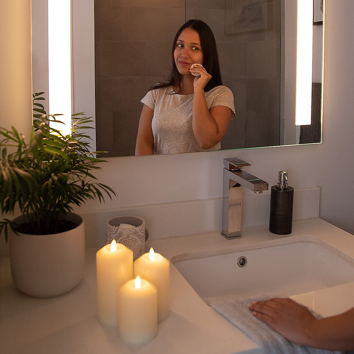 Battery Operated Night Light Candles with Light Sensor. Set of 3 Flameless White Wax Flickering Electric Candles. Dusk to Dawn Night Light. Great for Bathroom, Kids Bedroom or Living Room