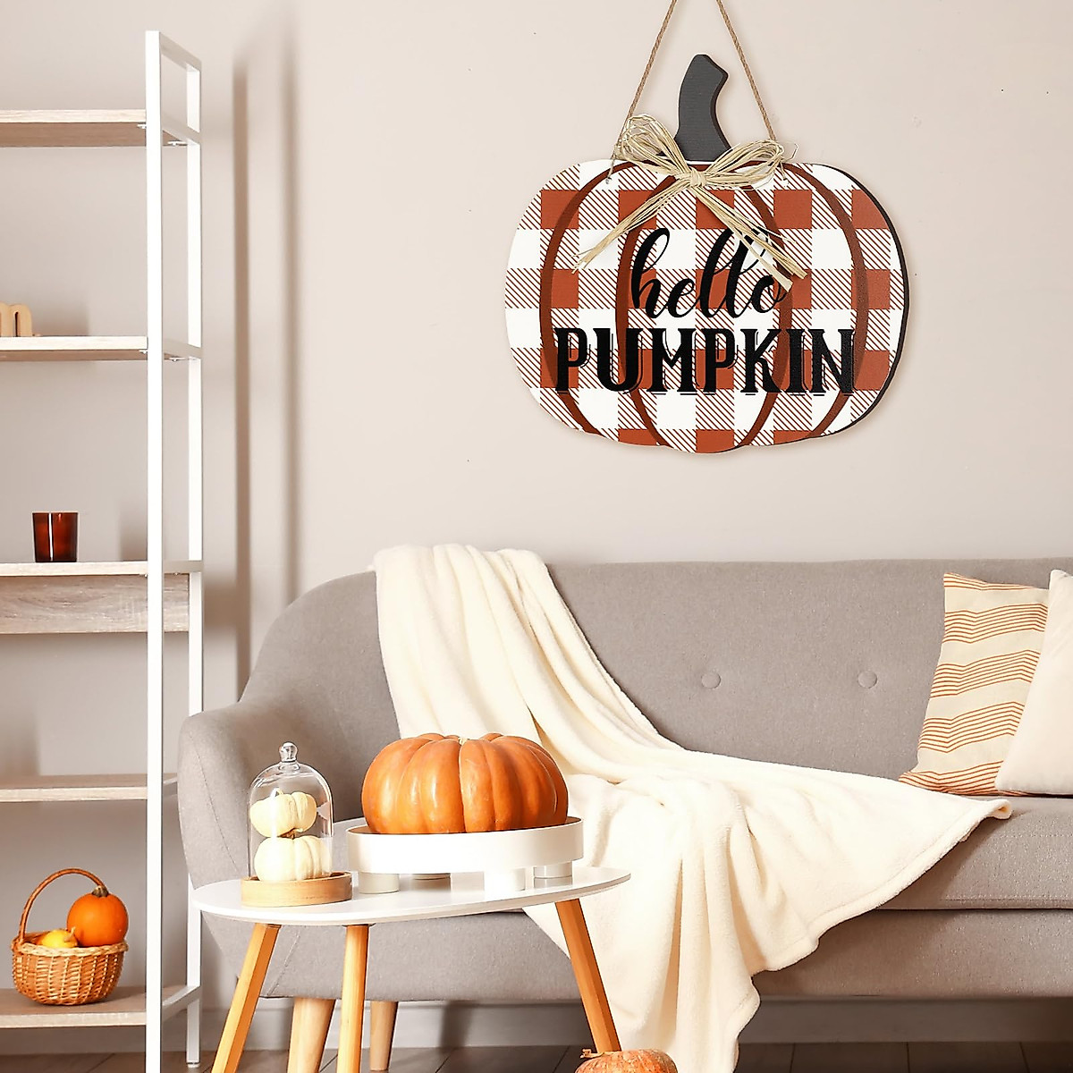 Tradder Fall Welcome Sign Thanksgiving Fall Pumpkin Sign with Bow Fall Wall Hanging Sign Rustic Wood Door Sign Double Sided Printing Pumpkin Farmhouse Door Hanger for Home Decoration (Rustic Style)