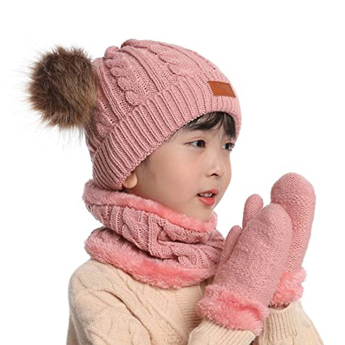 Duoyeree Baby Winter Hat Warm Scarf Gloves Set Pom Knitted Beanie Mitten Scarves for Toddler Girl Boy Pink