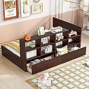 BIADNBZ Twin Bed Frame with Headboard, 4 Drawers and Large Shelves Storage, Wooden Daybed Platform Bedframe for Kids Teens Adults Bedroom, Espresso