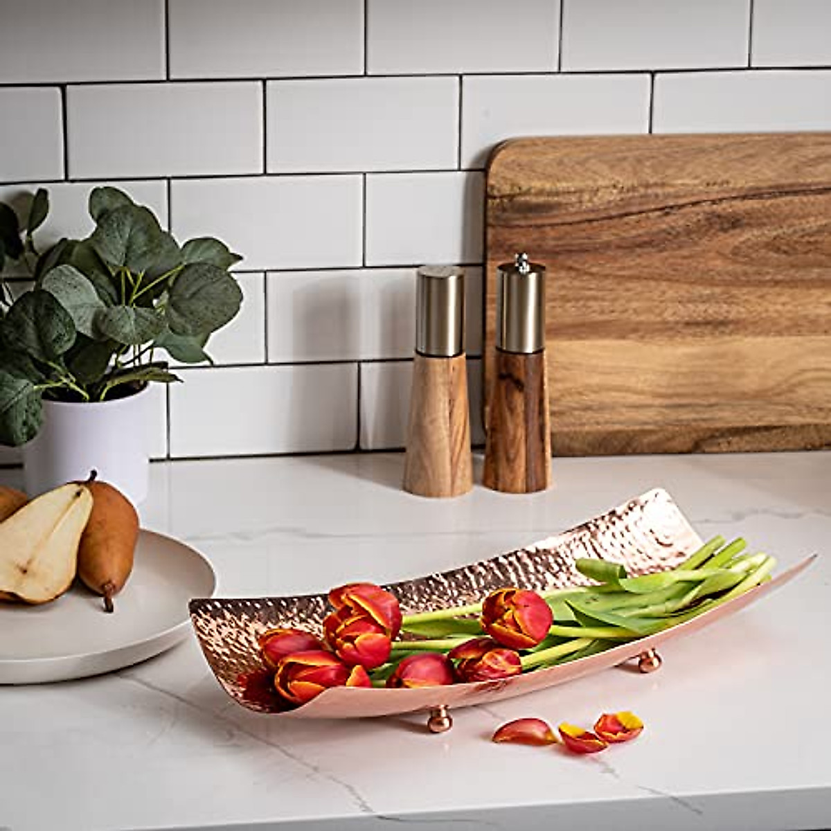 Colleta Home Rectangular Copper Serving Tray- Copper Serving Tray and Platters- Decorative Centerpiece- 16 Inch Hammered Tray