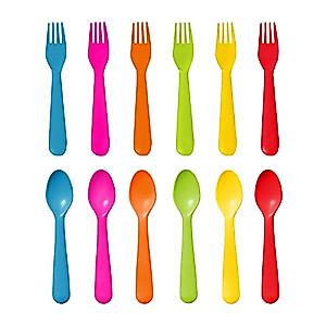 PLASKIDY Plastic Toddler Utensils Set of 12 Kids Utensils Forks and Spoons - BPA FREE/Dishwasher Safe Toddlers Silverware Set Brightly Colored Children's Safe Flatware Cutlery Set
