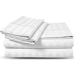 RUMICAFeb 400TC Queen Size Sheet Set - 100% Egyptian Cotton Cooling - Hotel Luxury Bed Sheets - Extra Soft - Upto 10"-12" Deep Pockets - Easy Fit - 4PC White Stripe Bed Sheets - Queen Sheets