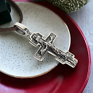 925 Sterling Silver Orthodox Cross Necklace for Men Women - Handmade Crucifix Jesus Christ Pendant with Christian Prayer - Unique Religious Jewelry Gift