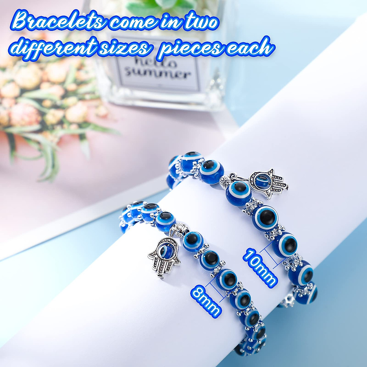 Blue Evil Eye Bracelet for Protection 8mm 10mm Hamsa Hand of Fatima Beaded Charm Bracelets Blue Eye Stretch Amulet Bracelets for Women Men (16 Pieces)