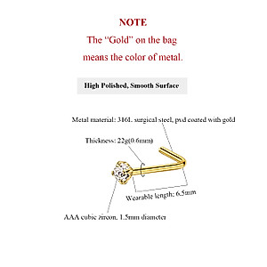 FANSING 3pcs 22g 1.5mm Clear CZ Nose Rings 22 Gauge Nose Studs L Shape Nose Rings Studs for Women Gold Plated Surgical Steel Nostril Piercing Jewelry