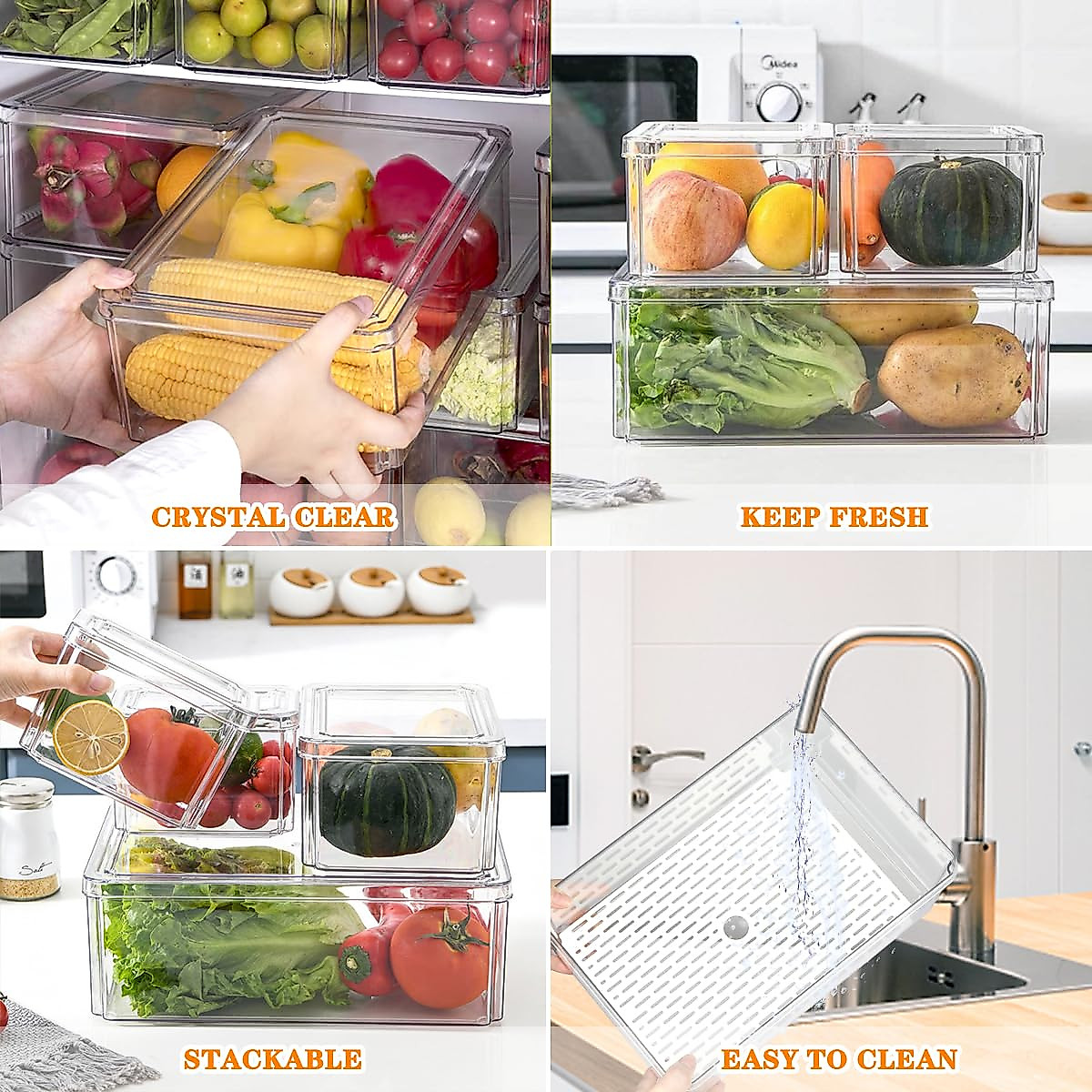 15 Pack Fridge Organizer, Stackable Refrigerator Organizer Bins with Lids PBA-Free, Clear Fridge Organizers and Storage for Kitchen, Countertops, Cabinets, Fridge, Drinks, Fruits, Vegetable, Cereals