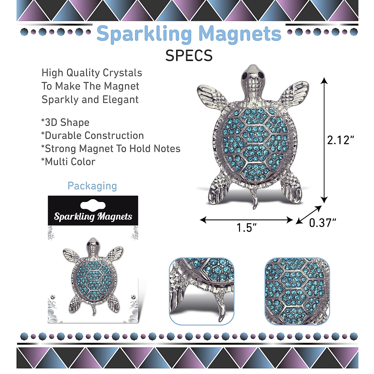 Aqua79 Blue Sea Turtle Sparkling Refrigerator Magnet - Silver Sparkling Charm Rhinestones Crystals, Sparkly Animal Magnet for Kitchen Door Fridge, Cool Home and Office Novelty Decor – 2.12 Inch