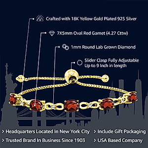 Gem Stone King 18K Yellow Gold Plated Silver Red Garnet and White Lab Grown Diamond Tennis Bracelet For Women (4.37 Cttw, Gemstone January Birthstone, Oval 7x5MM, Fully Adjustable Up to 9 Inch)