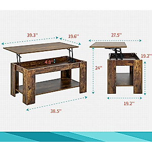 FDW Lift Top Coffee Table with Hidden Compartment and Storage Shelf Wooden Lift Tabletop for Home Living Room Reception Room Office (Brown)