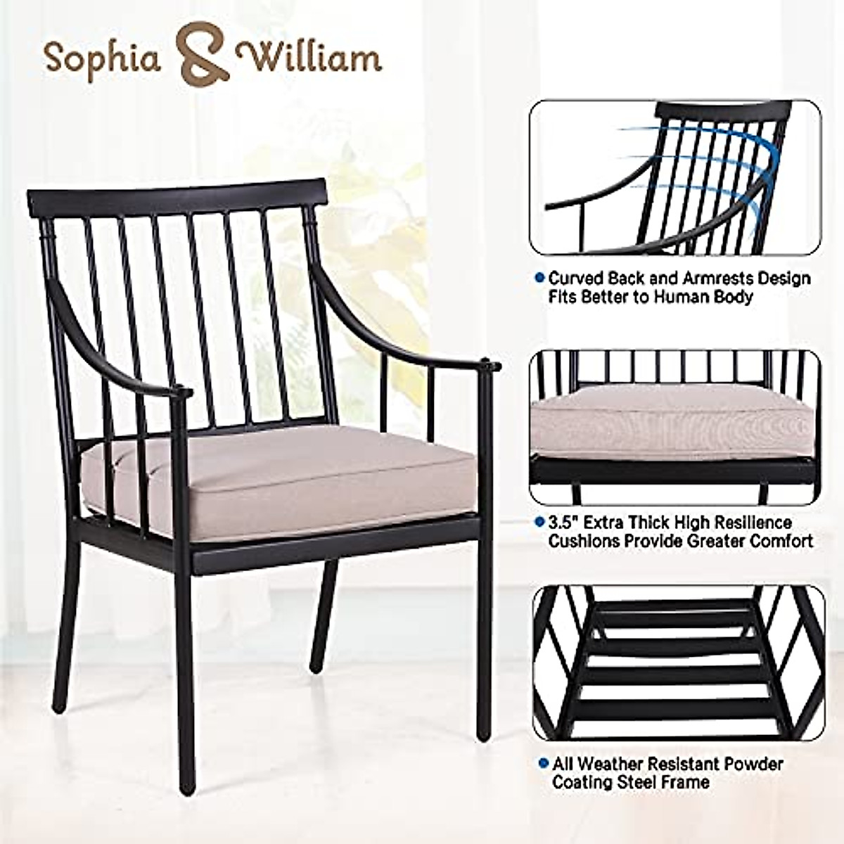 Sophia & William 2 Pcs Patio Outdoor Dining Chairs, Set of 2 Metal Wrought Iron Patio Chairs with Seat Cushions, Indoor/Outdoor Portable Chairs for Kitchen, Garden, Yard, Poolside, Support 300 lbs