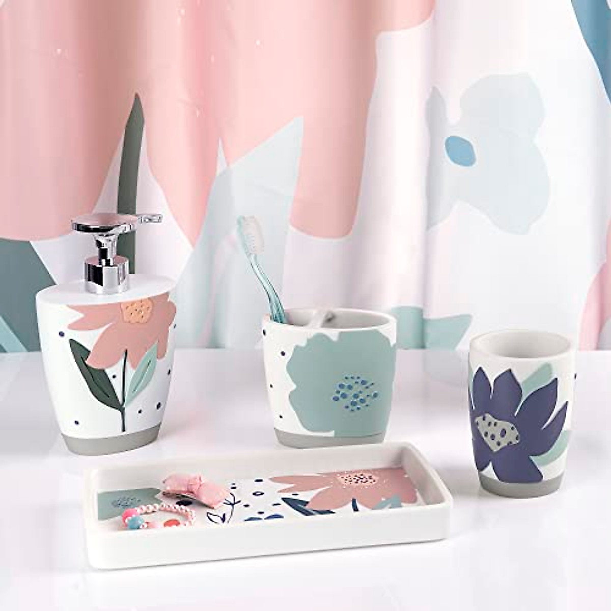 Allure Home Creation Summer Flower 4-Piece Resin Bath Accessory Set
