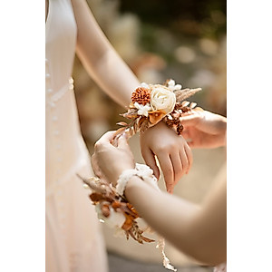 Ling's Moment 6pcs Homecoming Wedding Wrist Corsage Artificial Flowers, Girl/Mother Prom Corsages Wristlet Décor, etc. Boho Dried Rustic