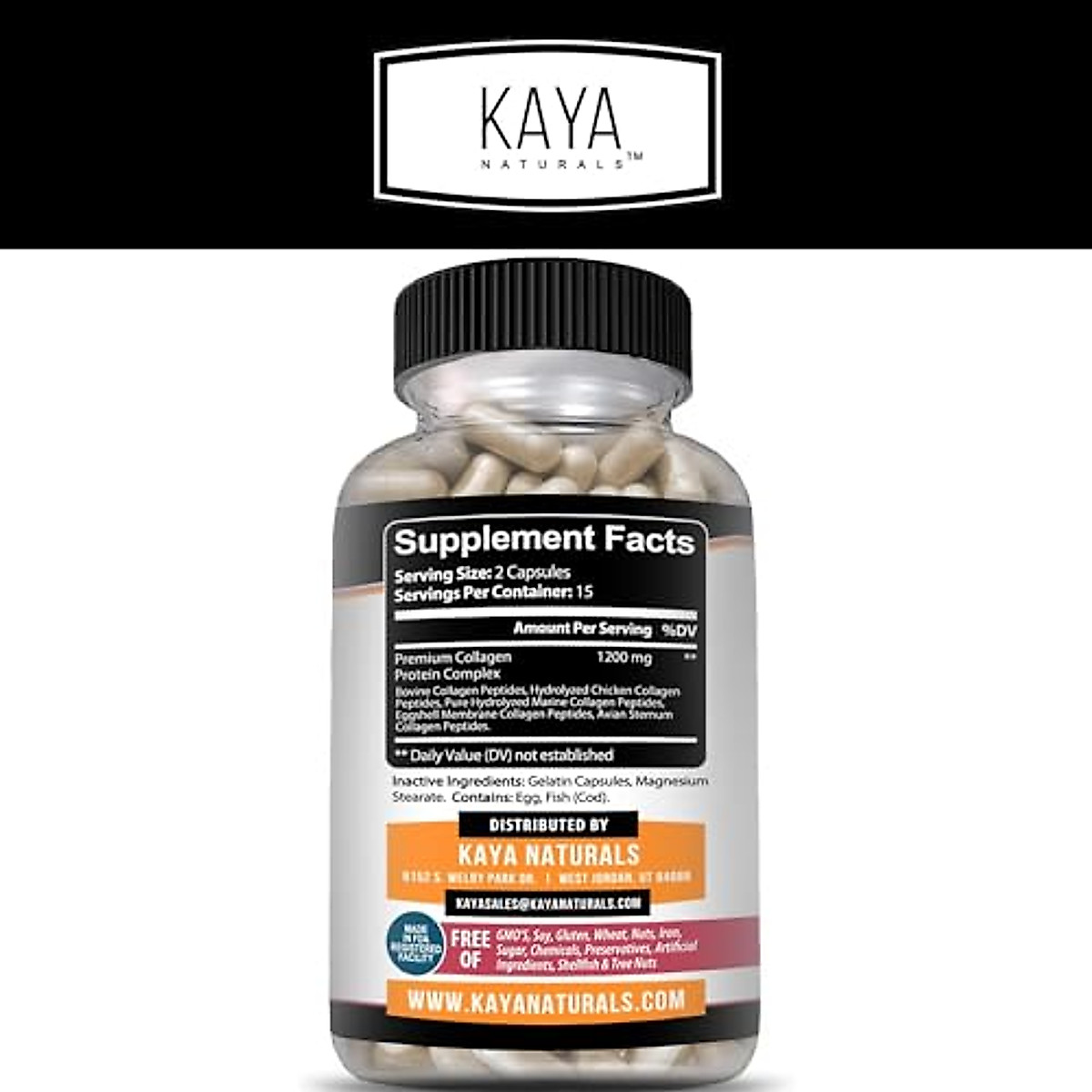 Kaya Naturals Multi Collagen Peptides Complex Powder for Women and Man, Vital for Hair, Skin, Nails, and Anti-Aging, Types I, II, III, V & X Collagen Protein Blend | Capsules - 30 Count Supplement