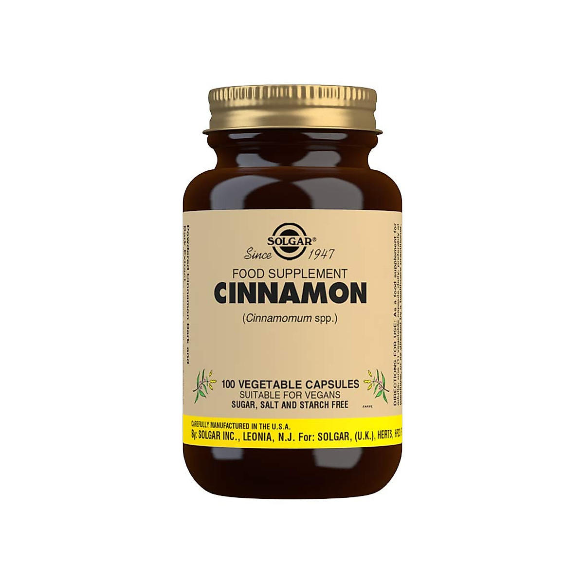 Solgar Cinnamon, 100 Vegetable Capsules - Full Potency (FP) - Supports Sugar Metabolism - Overall Wellness - Non-GMO, Vegan, Gluten Free, Dairy Free, Kosher - 100 Servings