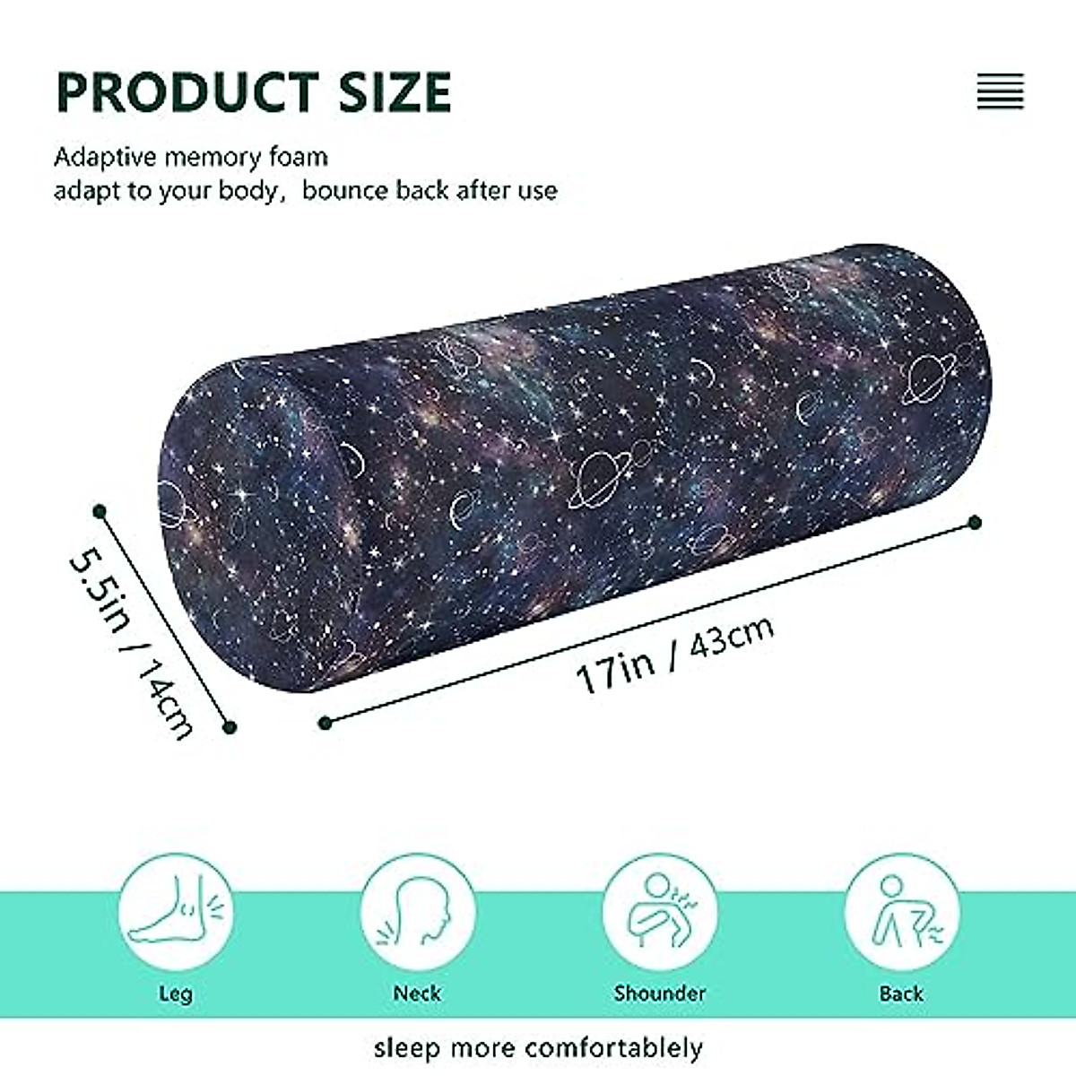 Vnurnrn Night Planets Galaxy Neck Support Pillow Round Neck Roll Bolster Cylinder Pillow Cervical Pillows Travel Pillow for Leg Knee Back Head Support for Study Work Men Women