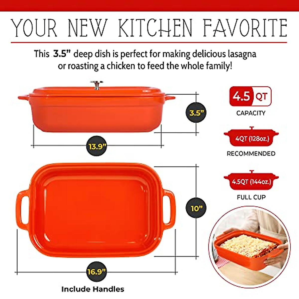 16.9x10 inch-4.5 Quart-Ceramic Casserole Baking Dish with Lid-Large Baking Pans for Cooking Roasting and Baking-Extra deep Lasagna Pan for Deep Baking Dish-Nontoxic Cookware-Red