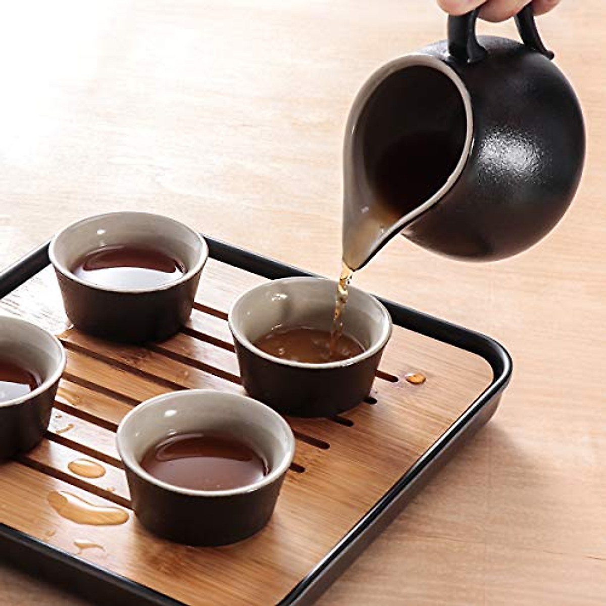 Mini Travel Kung Fu Tea Pot Cup Set with Tray - Portable Chinese Ceramic Porcelain Teapot Infuser Gift Bag All in One for Business Hotel Outdoor Picnic