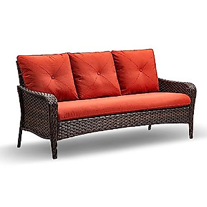 HUMMUH Patio Wicker Sofa,3-Seater Outdoor Couch Porch High Back and Deep Seat Sofa Furniture for Backyard, Deck, Poolside （Brown Red）